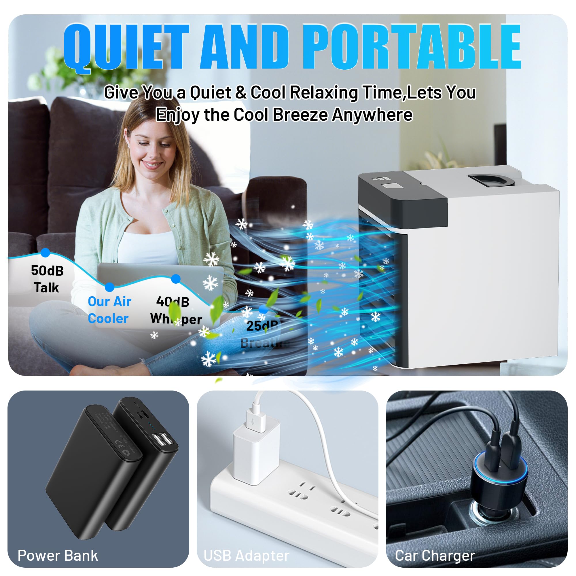 Portable Air Conditioners, Mini Air Conditioner with 2 Ice Packs, 3 Speeds Anti-leakage Water Personal Air Cooler for Room Office Camping Car-R2211