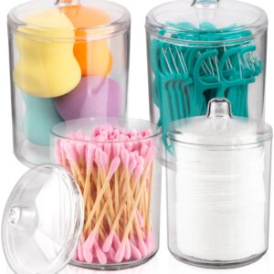 milano home Qtip Holder Pack of 4, Vanity Makeup Organizer Storage, Clear Plastic Apothecary Jars with Lids, Organizer Storage for Cotton Swabs, Cotton Balls, Makeup Sponges, Cotton Canister 12/10 OZ