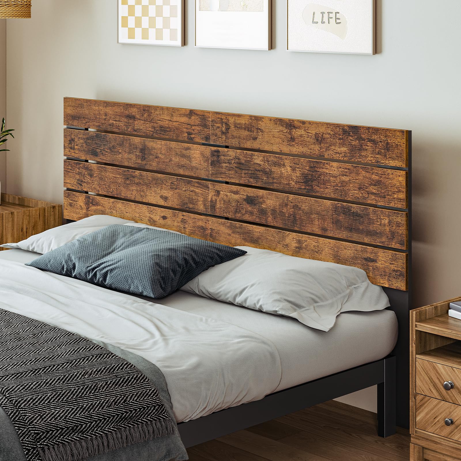 HOOBRO Headboard King Size, Wooden Headboard, Rustic-Styled Headboard, Headboard with Sturdy Support Legs, 3-Height Connection Holes, Minimalist Headboard, for King Beds, Rustic Brown and Black