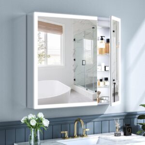 tifullhome 36x32 inch lighted medicine cabinet with mirror, al alloy, plug-in or hardwired, recessed or wall mount, mirror doors/3 colors/dimmable/interior sensor light/defog, 2 outlets&usbs,3 shelves