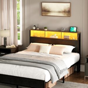 HOOBRO Headboard Queen Size, Headboard with Charging Station and LED Light, Queen Headboard with Storage, Industrial Style Headboard, Height Adjustable, Rustic Brown and Black