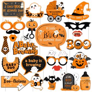 kreatwow 24pcs halloween baby shower photo booth props orange black halloween baby shower a little boo is almost due baby shower decor for halloween baby shower gender reveal pregnancy celebration