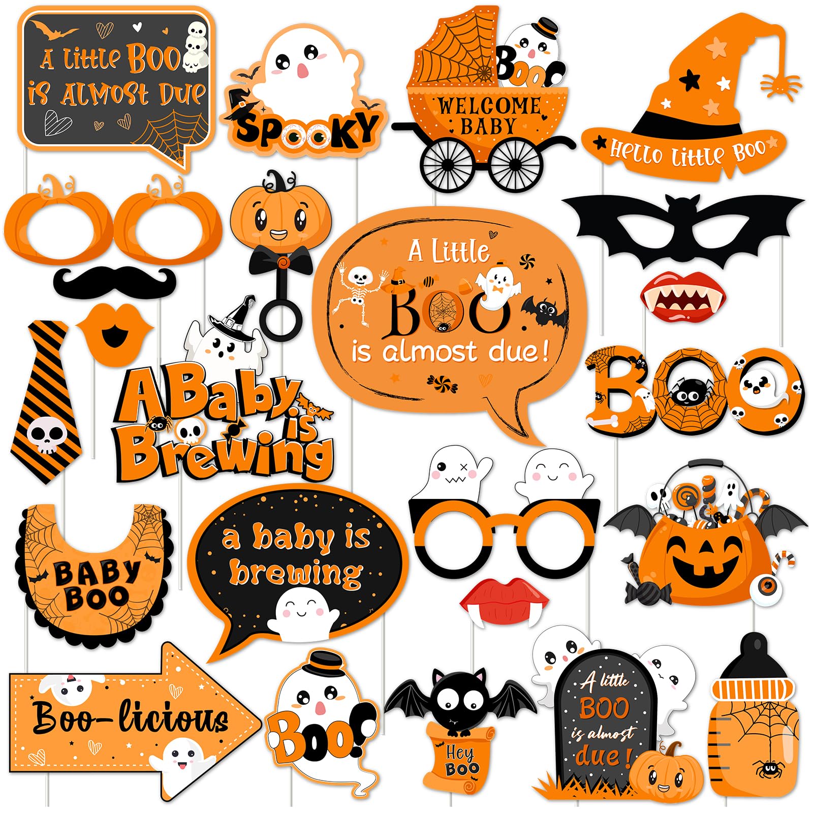 Kreatwow 24pcs Halloween Baby Shower Photo Booth Props Orange Black Halloween Baby Shower A Little Boo is Almost Due Baby Shower Decor for Halloween Baby Shower Gender Reveal Pregnancy Celebration