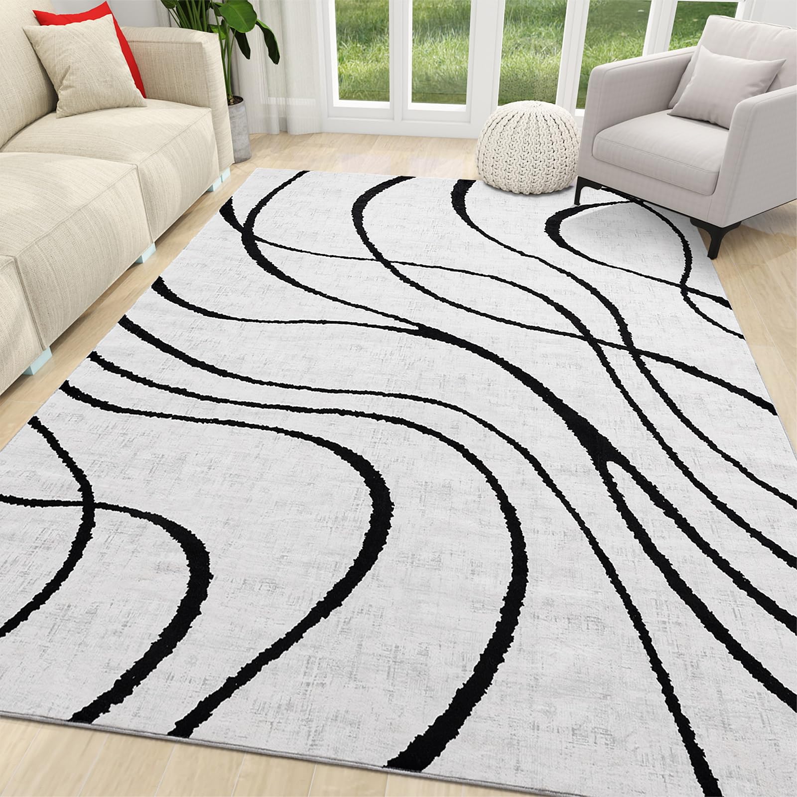 YIHOUSE Modern Abstract Washable Rugs 6x9, Non Slip Soft Black and White Wave Rug, Thin Geometric Minimalist Striped Rug, Stain Resistant Swirl Area Rug for Living Room,Office