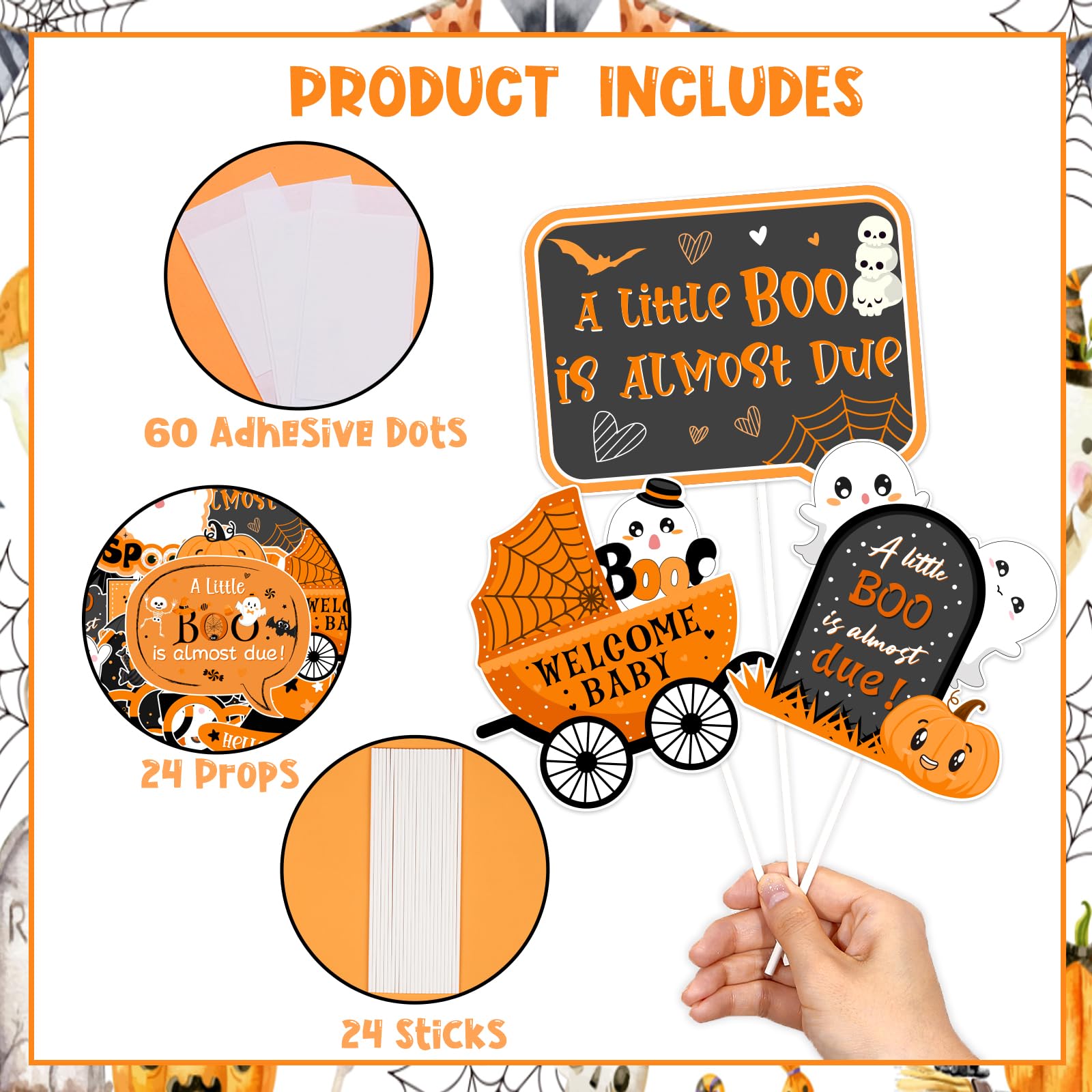 Kreatwow 24pcs Halloween Baby Shower Photo Booth Props Orange Black Halloween Baby Shower A Little Boo is Almost Due Baby Shower Decor for Halloween Baby Shower Gender Reveal Pregnancy Celebration