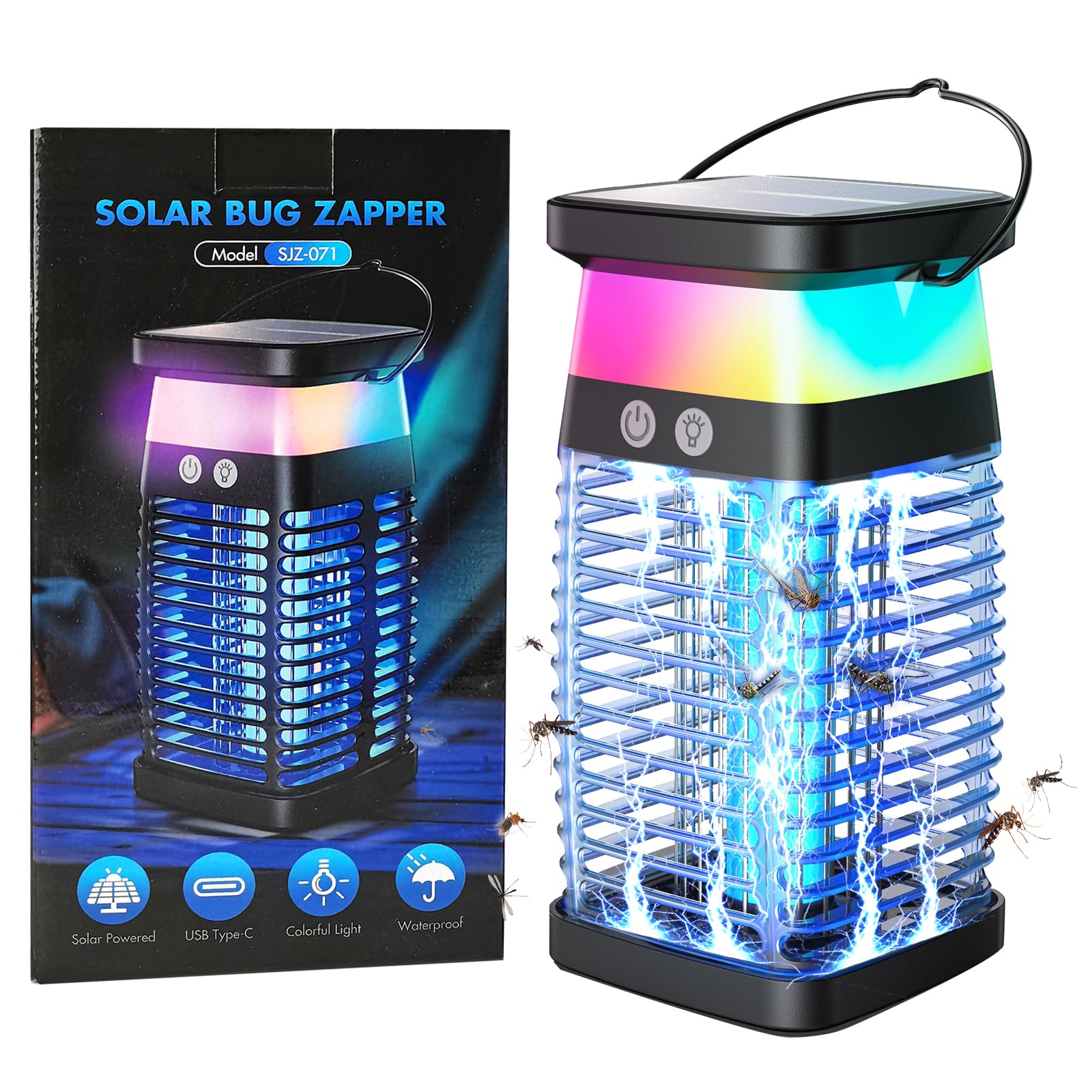 Solar Bug Zapper Outdoor,Portable Mosquito Zapper, Indoor Mosquito Zapper Rechargeable,IP68 Waterproof Electric Mosquito Trap Fly Zapper with RGB Light for Patio,Camping,Home,Backyard,Garden