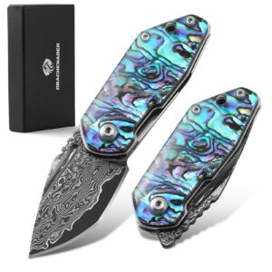 drachenader small damascus pocket knife for women and men abalone knife japanese keychain mini pocket knife folding vg10 67 layers damascus steel, birthday gift box included