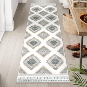 uphome moroccan washable runner rug, 2x6 rug runners for hallways non slip vintage boho kitchen runner rug ultra-soft geometric non-shedding carpet runner for laundry entryway bedroom, gray/camel