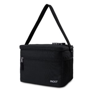 PackIt Freezable Essential Cooler, Black, Built with ECOFREEZE Technology, Fully Freezable, Collapsible, Reusable, With Removable Crossbody Strap, Top Clip Handle, Designed for Fresh Office