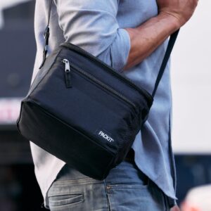 PackIt Freezable Essential Cooler, Black, Built with ECOFREEZE Technology, Fully Freezable, Collapsible, Reusable, With Removable Crossbody Strap, Top Clip Handle, Designed for Fresh Office