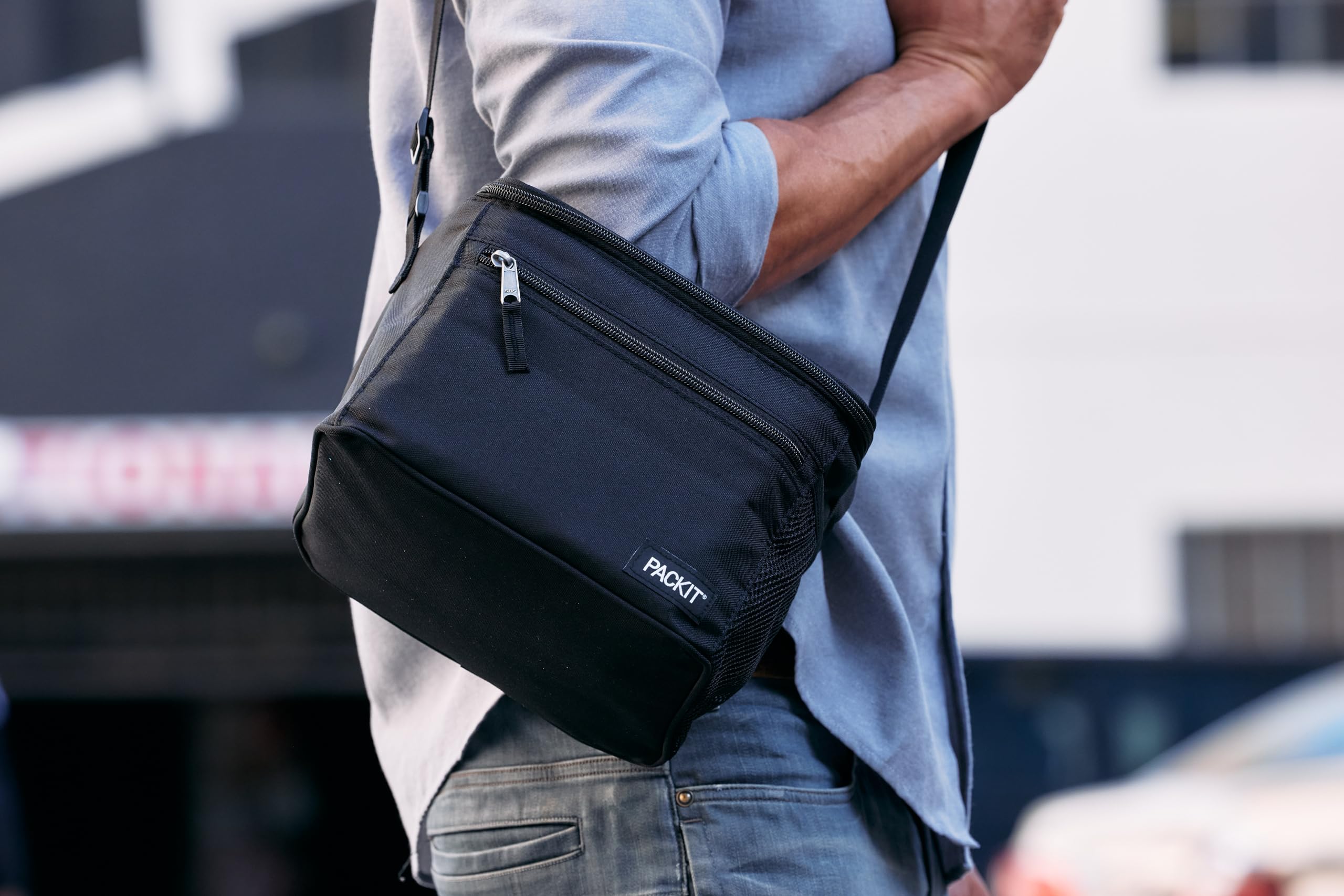 PackIt Freezable Essential Cooler, Black, Built with ECOFREEZE Technology, Fully Freezable, Collapsible, Reusable, With Removable Crossbody Strap, Top Clip Handle, Designed for Fresh Office