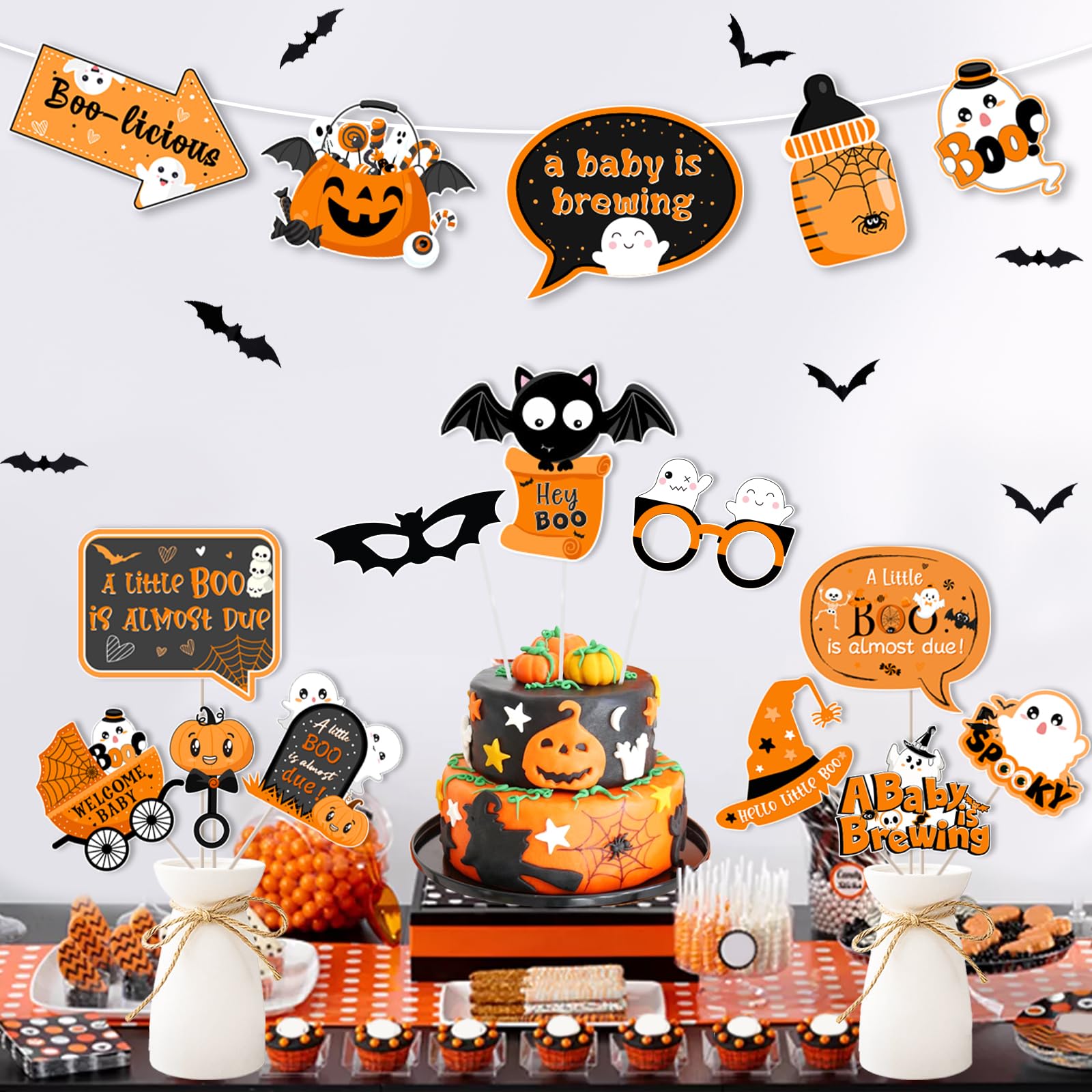 Kreatwow 24pcs Halloween Baby Shower Photo Booth Props Orange Black Halloween Baby Shower A Little Boo is Almost Due Baby Shower Decor for Halloween Baby Shower Gender Reveal Pregnancy Celebration