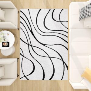 YIHOUSE Modern Abstract Washable Rugs 6x9, Non Slip Soft Black and White Wave Rug, Thin Geometric Minimalist Striped Rug, Stain Resistant Swirl Area Rug for Living Room,Office