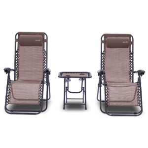 serenelife zero gravity lounge chair - set of 2 adjustable recliners and side table, includes removable padded headrest pillows, breathable mesh fabric, lightweight and foldable, brown