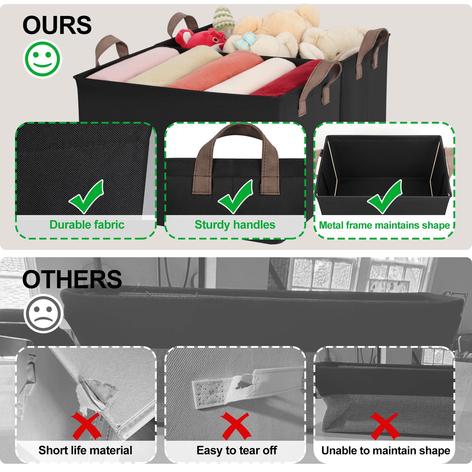 TOPIA HOME Storage Baskets for Shelves with Metal Frame 2-Pack, 14.8" Wx10.24 Dx8.66 H, Collapsible Storage Bins for Organization, Fabric Storage Bins for Clothes, Toy, Nursery, Deco, Large, Black