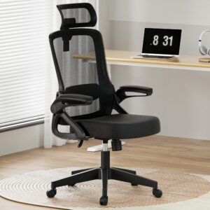 Office Chair, S-Shaped Ergonomic Mesh Desk Chair, Adjustable Headrest & Height, Widened Cushion, 90° Flip-UpArmrest, Assembly &Storage, Home/Office/Bedroom Computer Chair with 360° Casters