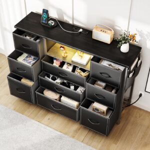 Yenlure Black Dresser for Bedroom Dresser with LED Lights and Charging Station, LED Dresser TV Stand with Drawers Hanging Storage Bag PU Finish, Chests of Drawers for Bedroom Adult, Women, Mens.