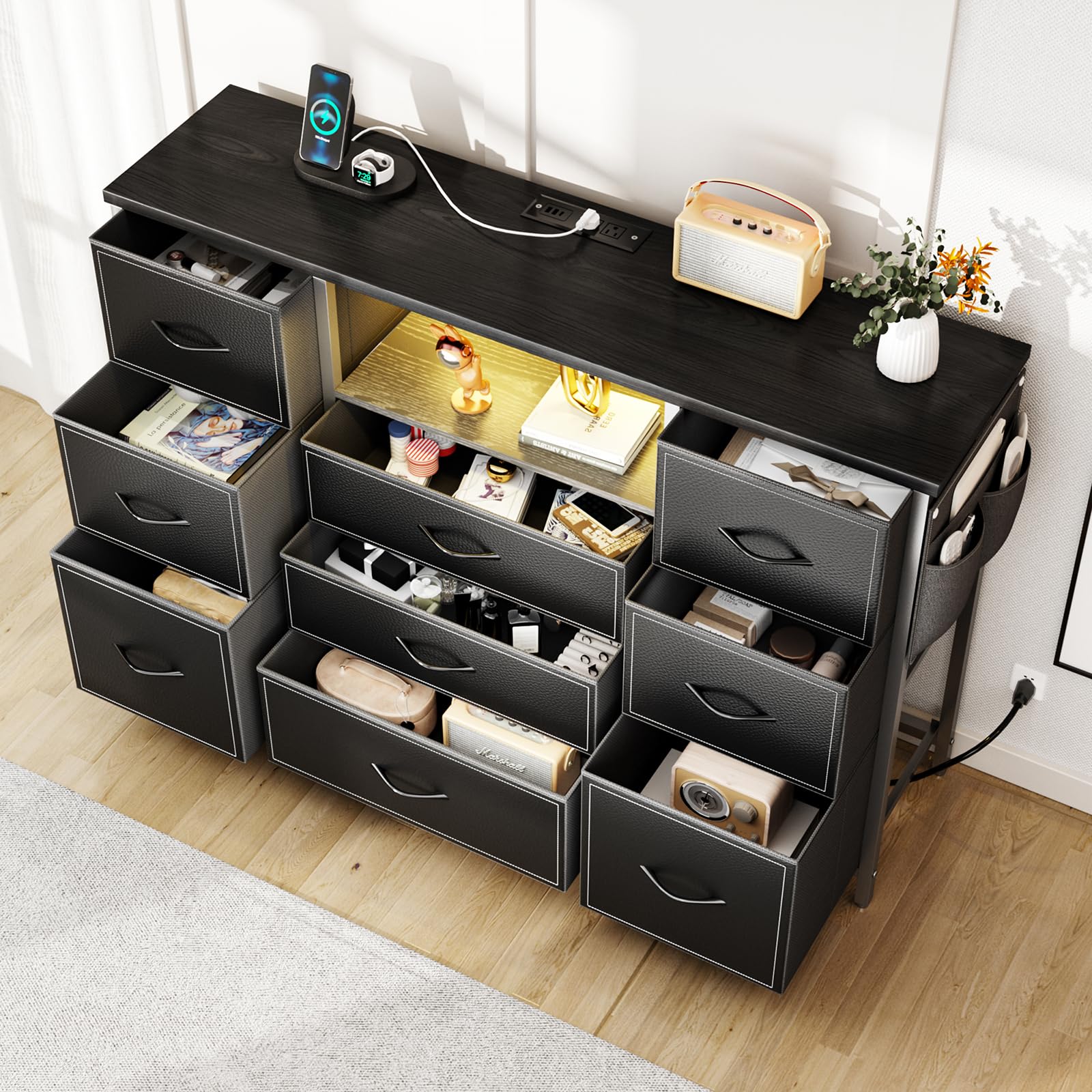 Yenlure Black Dresser for Bedroom Dresser with LED Lights and Charging Station, LED Dresser TV Stand with Drawers Hanging Storage Bag PU Finish, Chests of Drawers for Bedroom Adult, Women, Mens.