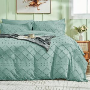 hymokege duvet cover queen size, boho tufted queen duvet cover 3 pieces, soft & lightweight shabby chic, embroidery bedding for all seasons, 1 duvet cover 90" × 90" & 2 pillow shams, sage green