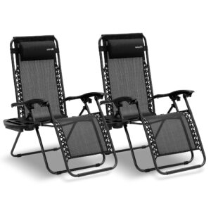 serenelife zero gravity chairs set of 2 - adjustable steel mesh lawn chairs - outdoor lounge chairs with detachable cup holder tray - foldable outdoor chair with removable pillows - off black