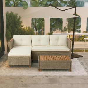 WiberWi Patio Furniture Set 3 Piece Outdoor Sectional Sofa Couch All Weather Rattan Wicker Conversation Set with Acacia Wood Coffee Table for Backyard Porch Garden Balcony, Waterproof, Beige