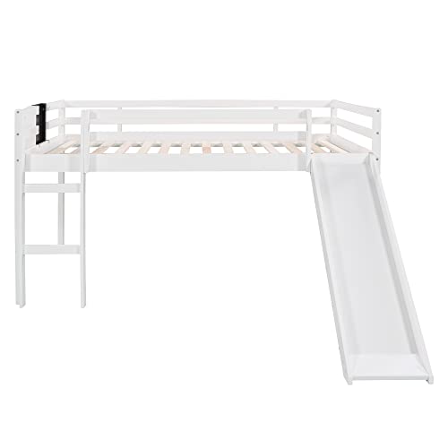 LostCat Full Loft Bed with Slide, Low Loft Bed, Full Wood Loft Bed Full Size Loft Bed with Slide & Ladder, Safety Guardrail for Kids/Girls/Boys, No Box Spring Needed, White