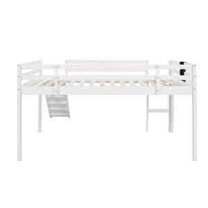 LostCat Full Loft Bed with Slide, Low Loft Bed, Full Wood Loft Bed Full Size Loft Bed with Slide & Ladder, Safety Guardrail for Kids/Girls/Boys, No Box Spring Needed, White