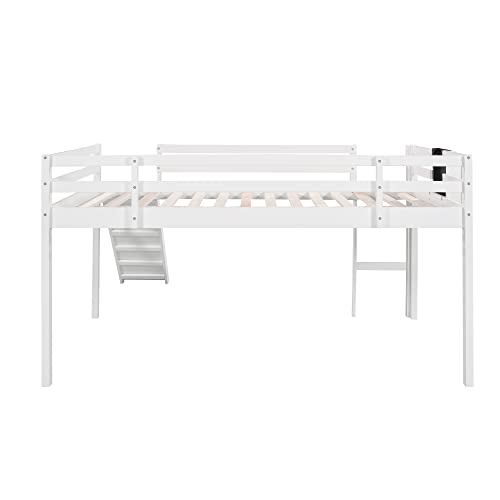 LostCat Full Loft Bed with Slide, Low Loft Bed, Full Wood Loft Bed Full Size Loft Bed with Slide & Ladder, Safety Guardrail for Kids/Girls/Boys, No Box Spring Needed, White