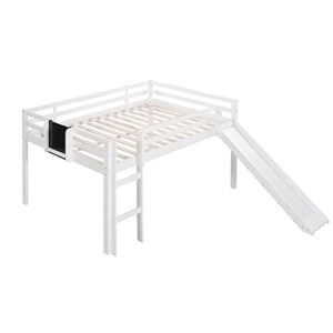 LostCat Full Loft Bed with Slide, Low Loft Bed, Full Wood Loft Bed Full Size Loft Bed with Slide & Ladder, Safety Guardrail for Kids/Girls/Boys, No Box Spring Needed, White