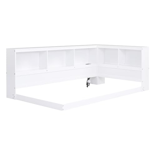 BOVZA Wooden Twin Size Daybed with L-Shaped Bookcase Headboard, Corner Floor Bed Frame with Storage Cabinets and USB Ports, White