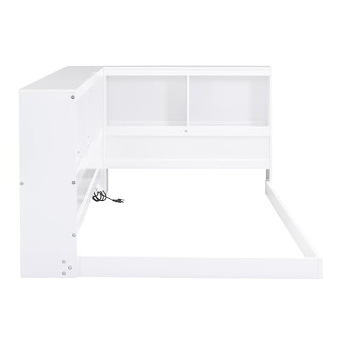 BOVZA Wooden Twin Size Daybed with L-Shaped Bookcase Headboard, Corner Floor Bed Frame with Storage Cabinets and USB Ports, White