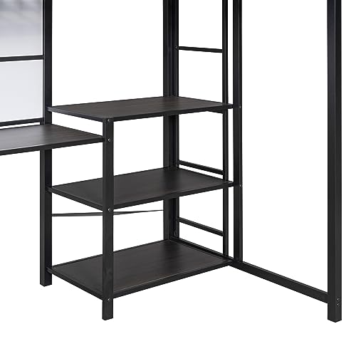 CABSETT Metal Loft Bed with Desk and Whiteboard, Twin Size Loft Bed with 3 Shelves and Ladder, Heavy-Duty Loft Bedframe for Kids Boys Girls Teens, Easy Assembly, Black