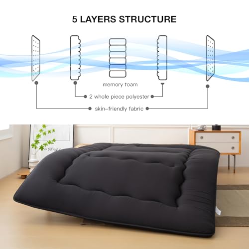 INFINICE Japanese Floor Mattress, Futon Mattress with Portable Storage Bag, Roll Up Mattress Thick Tatami Mattress Suitable for Camping, Guest Room, Black, Twin XL