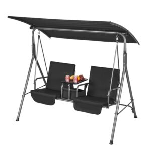 vevor 2-seat patio swing chair, outdoor patio swing with adjustable canopy, porch swing with storage bag and rotating tray, oxford fabric and alloy steel frame, for balcony, backyard, poolside, black