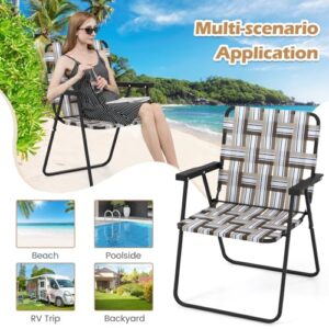 BANGTANE 6 Pack Folding Adults Portable w/Armrests, Webbed Lawn Chairs Set for Home, Beach, Park, Long Trips, Brown