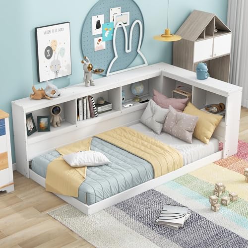 BOVZA Wooden Twin Size Daybed with L-Shaped Bookcase Headboard, Corner Floor Bed Frame with Storage Cabinets and USB Ports, White