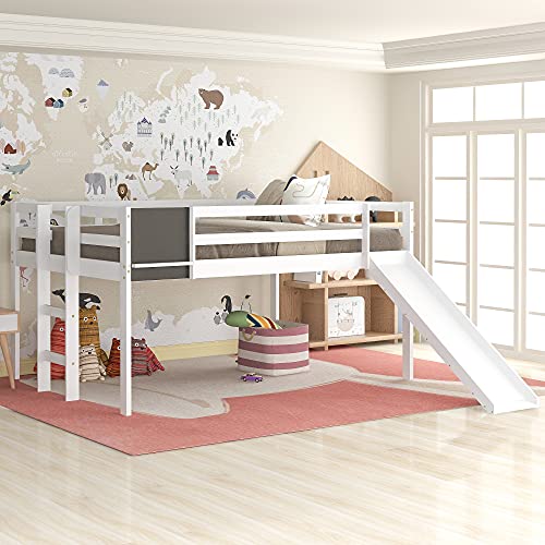 LostCat Full Loft Bed with Slide, Low Loft Bed, Full Wood Loft Bed Full Size Loft Bed with Slide & Ladder, Safety Guardrail for Kids/Girls/Boys, No Box Spring Needed, White