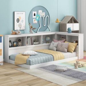 BOVZA Wooden Twin Size Daybed with L-Shaped Bookcase Headboard, Corner Floor Bed Frame with Storage Cabinets and USB Ports, White