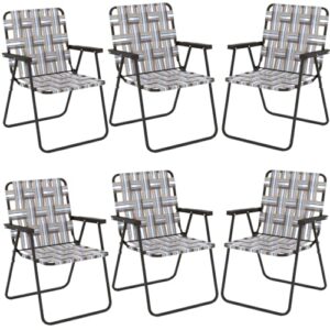 bangtane 6 pack folding adults portable w/armrests, webbed lawn chairs set for home, beach, park, long trips, brown