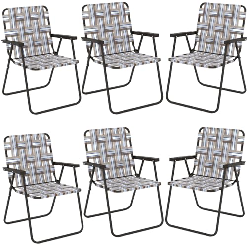 BANGTANE 6 Pack Folding Adults Portable w/Armrests, Webbed Lawn Chairs Set for Home, Beach, Park, Long Trips, Brown