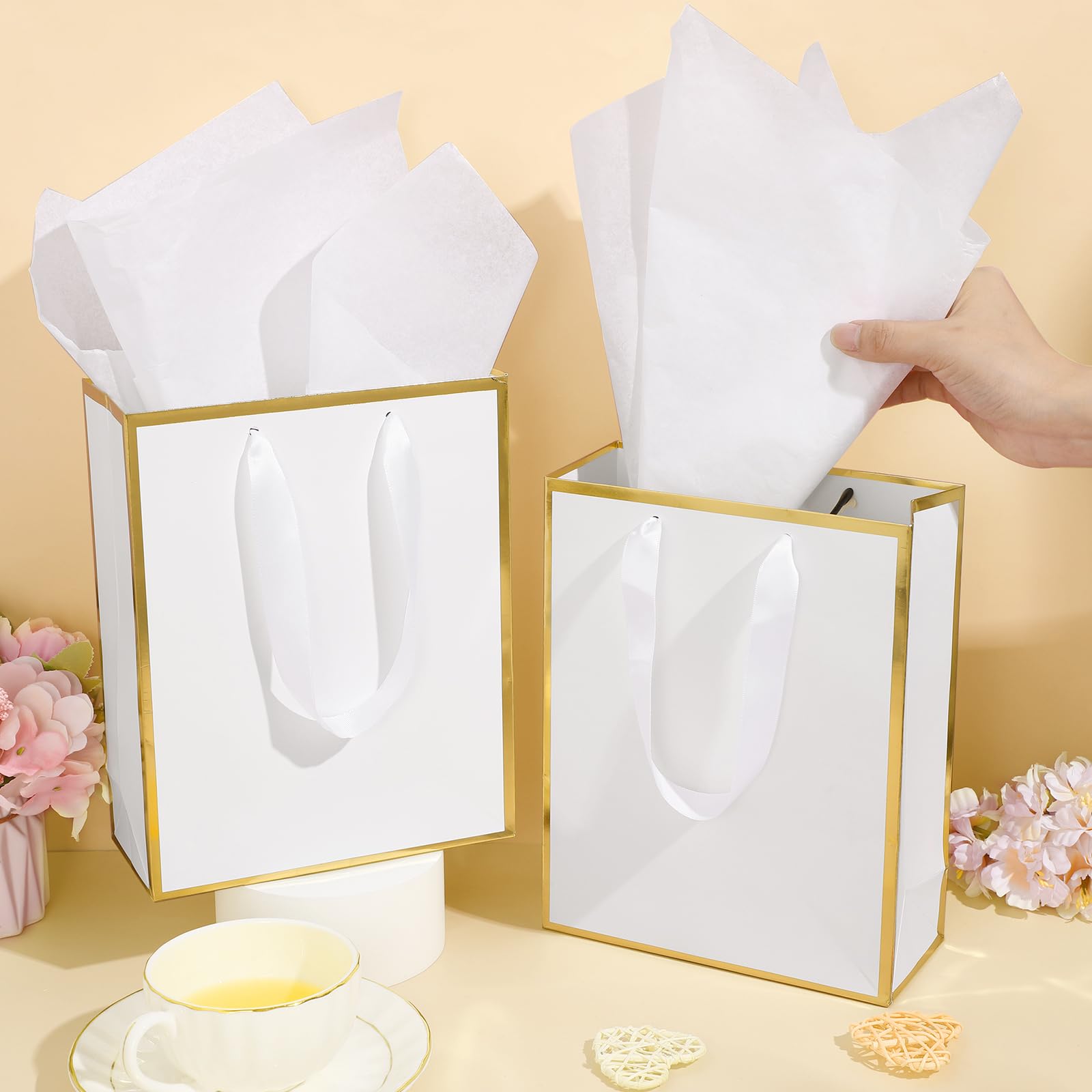 Yeaqee 50 Pack Metallic Paper Gift Bags with Handle and Tissue Paper Wedding Thank You Favor Bag for Bridal Shower Groomsmen 5 Senses Gift Bags for Her Him Birthday 9 x 7 x 3.15''(White and Gold)