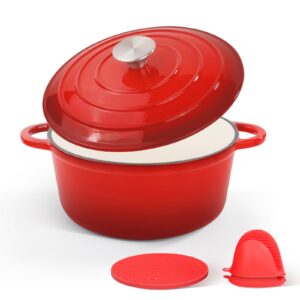 cooknexa 6 quart enameled cast iron dutch oven pot with lid and silicone accessories, oven safe up to 500°f or on stovetop, non-stick dutch oven for bread baking, cooking, dual handles cookware, red