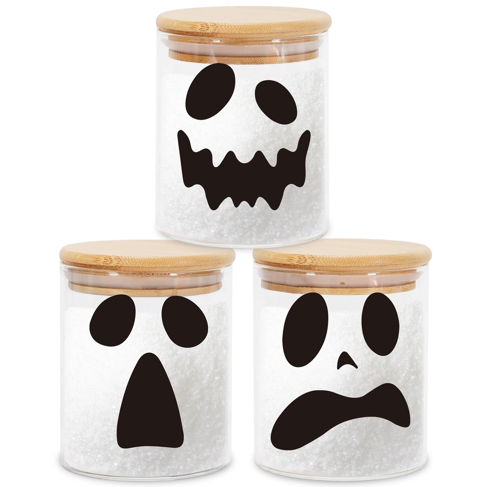 JarThenaAMCS 3Pcs Halloween Glass Storage Jars with Airtight Bamboo Lid Ghost Face Decorative Canisters Sets for Home Kitchen Countertop Decoration