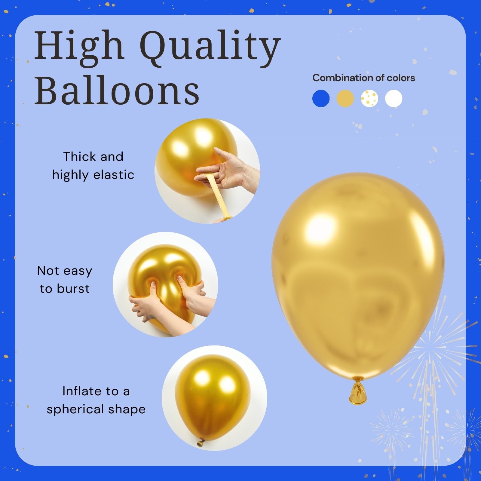 BAUANOOY Royal Blue Gold White balloons, 60pcs 12 Inch Navy Blue Metallic Gold Confetti Balloon for Wedding Graduation Baby Shower Birthday Decorations