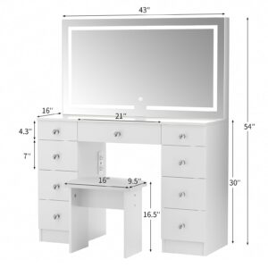 VOWNER Vanity with Lighted Mirror - Makeup Vanity Desk with Power Outlet and 9 Drawers, 3 Color Lighting Modes Adjustable Brightness, 43" Vanity Table with Soft Cushioned Stool for Bedroom, White