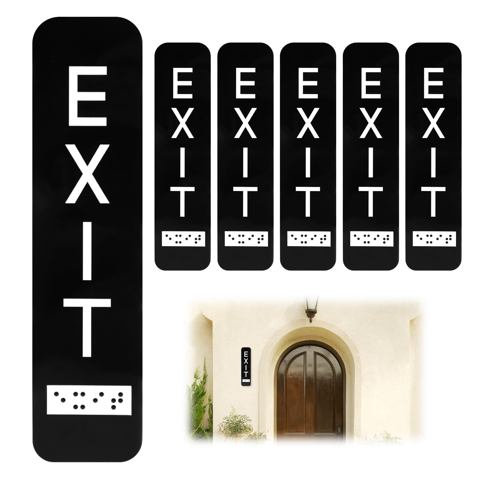 6pcs Vertical Exit Sign with Braille, 7.9x2 Inch Exit Signs for Business Ada with Installation Adhesive Raised Letters ADA Exit Sign for Indoor Outdoor Use