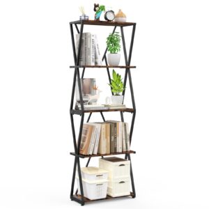 kidsu 5 tiers bookshelf, artsy modern bookcase, book rack with metal frame, storage rack shelves books holder organizer for bedroom, living room and home office, vintage (rustic brown)