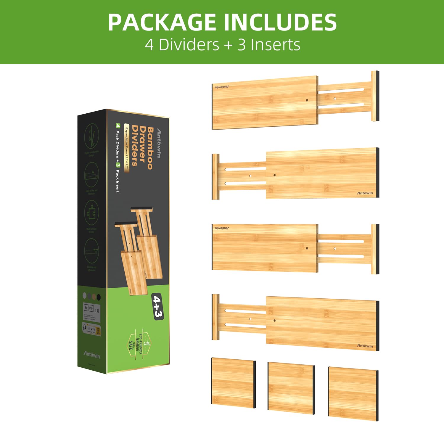 ANTOWIN 4 Pack Expandable Drawer Dividers, 4.7'' High, Extend from 12.2'' to 17.7'', Dresser Drawer Organizers, Bamboo Separators for Kitchen, Bedroom, Office, Bathroom (Natural)