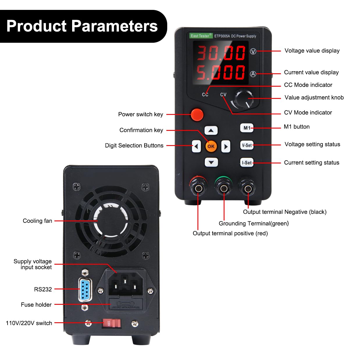 GALOOK DC Power Supply Variable, High Precision Bench Power Supply with Memory Storage, Variable Power Supply with Encoder Knob, 4-Digit LED Display Adjustable Regulated lab Power Supply