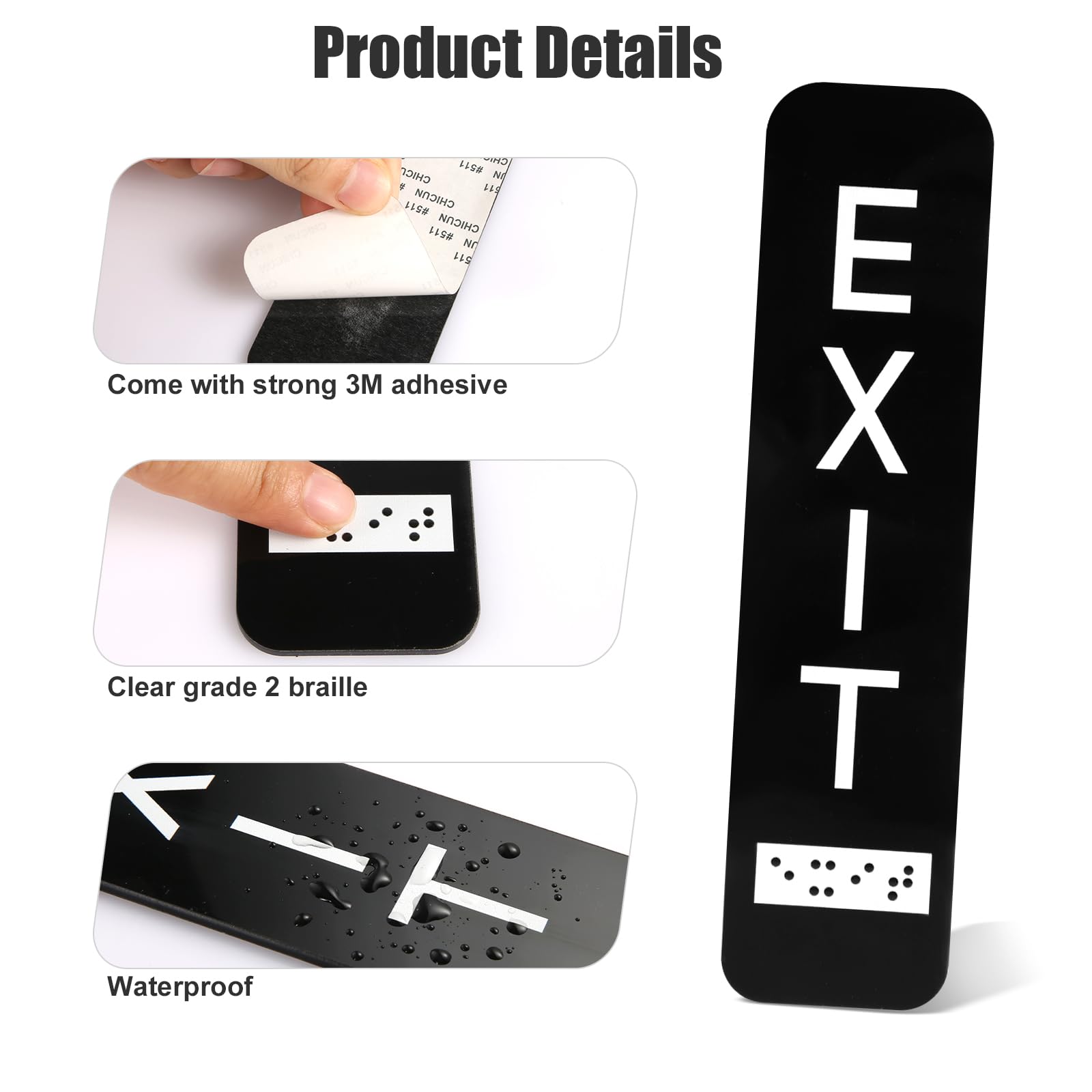 6pcs Vertical Exit Sign with Braille, 7.9x2 Inch Exit Signs for Business Ada with Installation Adhesive Raised Letters ADA Exit Sign for Indoor Outdoor Use